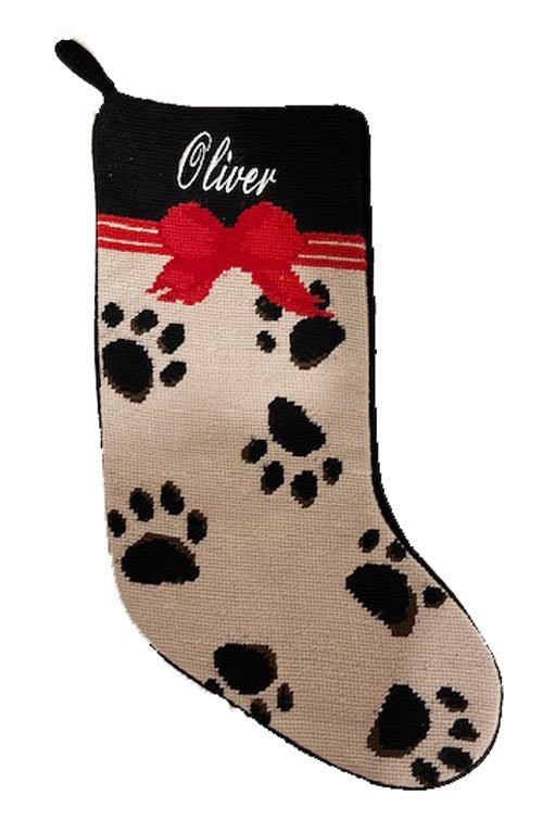 Needlepoint Christmas Dog Stocking with Paw Prints and Bow