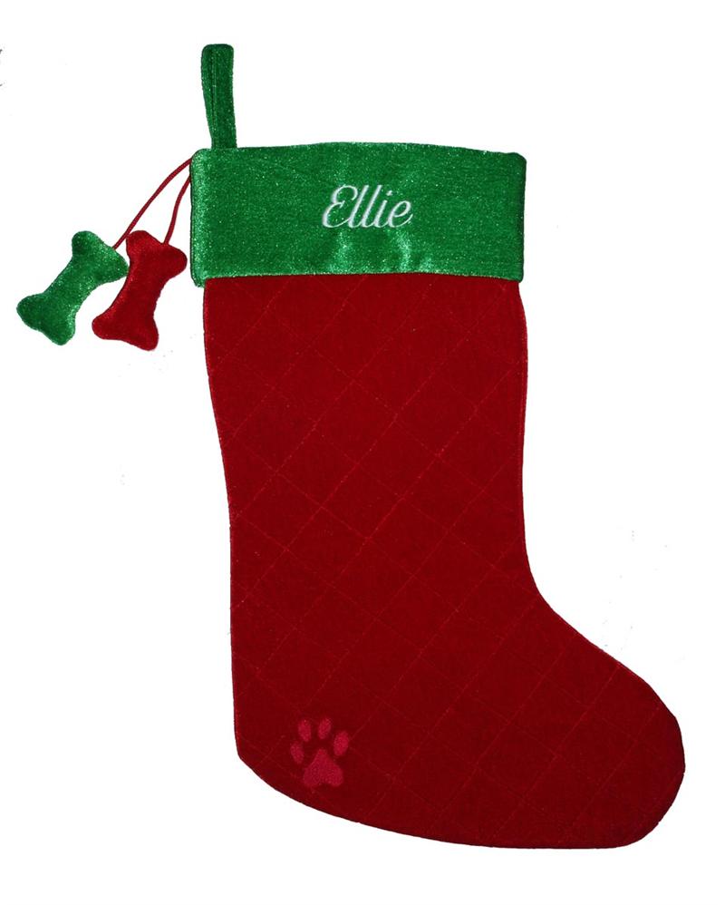 Christmas Dog Stocking Small Berry + Green with Dangling Dog Bones
